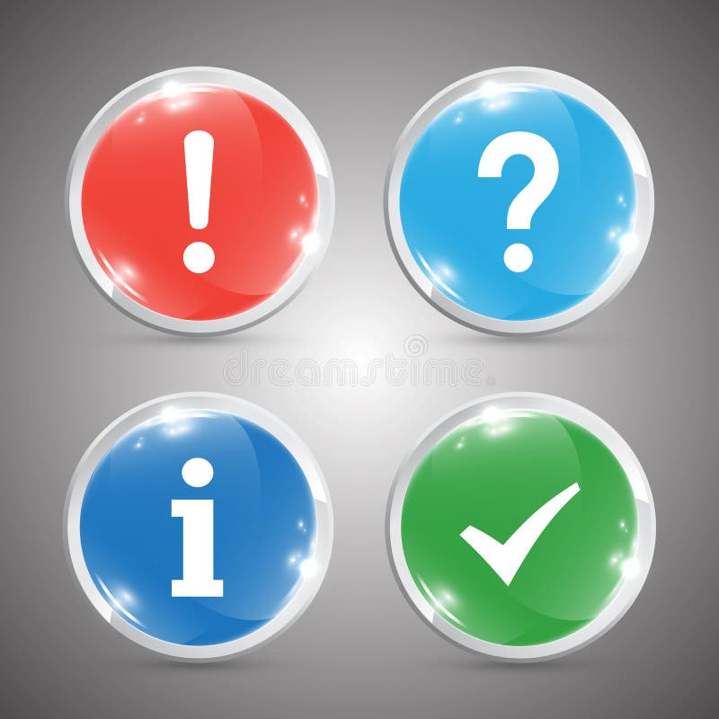 Glossy Rounded Buttons with Check Mark, Question Mark, Exclamation Mark ...