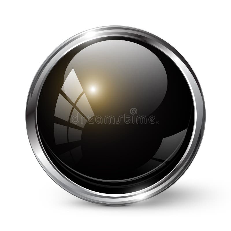 Glossy Shiny Black Round Button with Metal Frame Vector Illustration ...