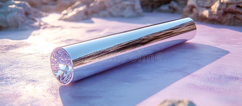 Glossy Silver Cylinder Resting on a Light Purple Surface Stock ...