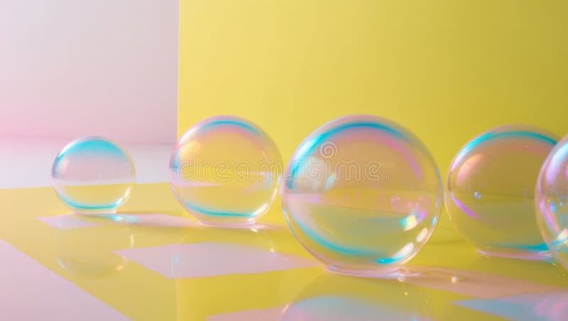 Glossy Soap Bubbles with Iridescent Reflections on a Bright Yellow ...