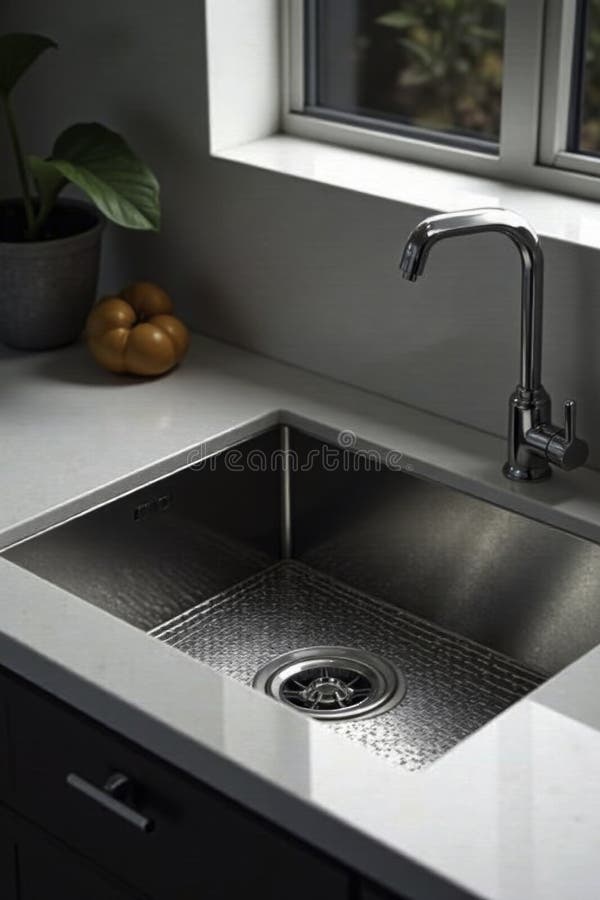 Glossy Stainless Steel Sink with Modern Faucet, Stainless Steel, Tile ...