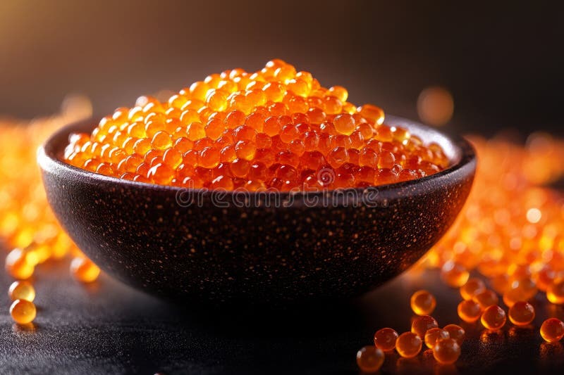 Glossy, Translucent Red Caviar Spilling from a Dark Bowl, Creating a ...