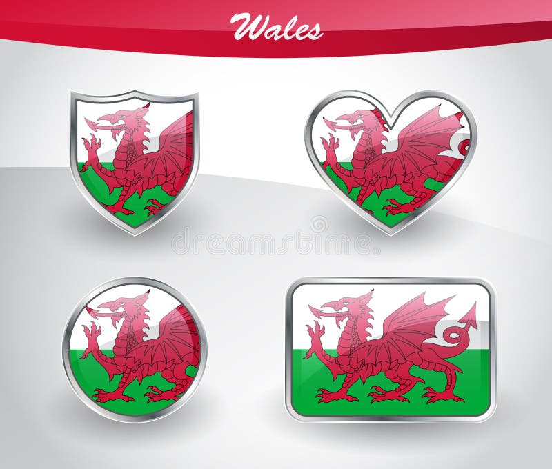 Glossy Wales flag icon set stock vector. Illustration of shield - 94068449