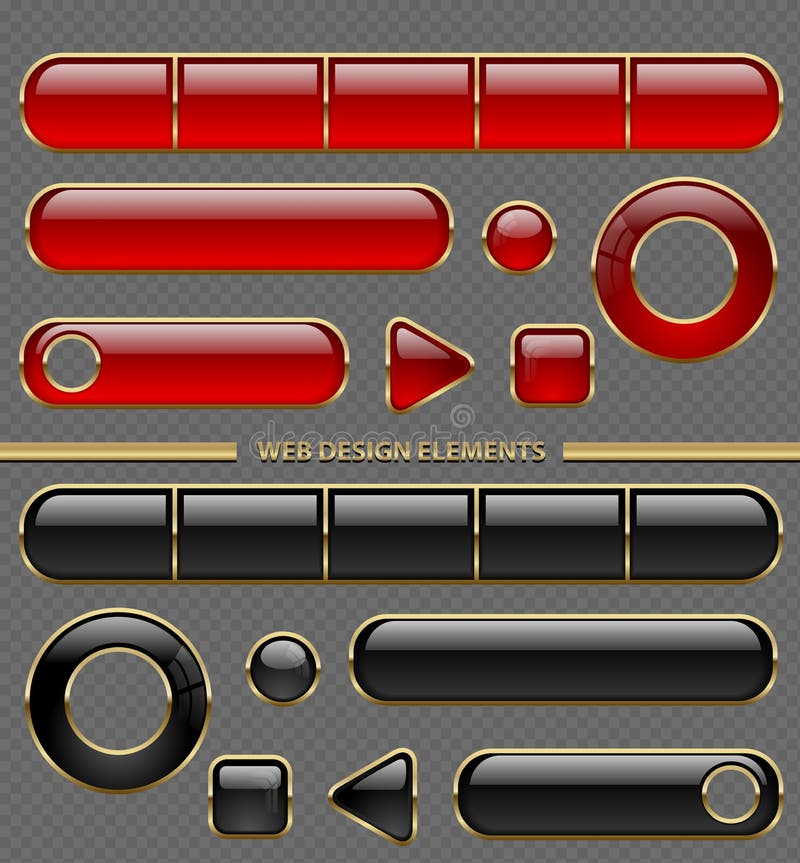 Glossy Web Button Set. Red and Black in Golden Frame Isolated on ...