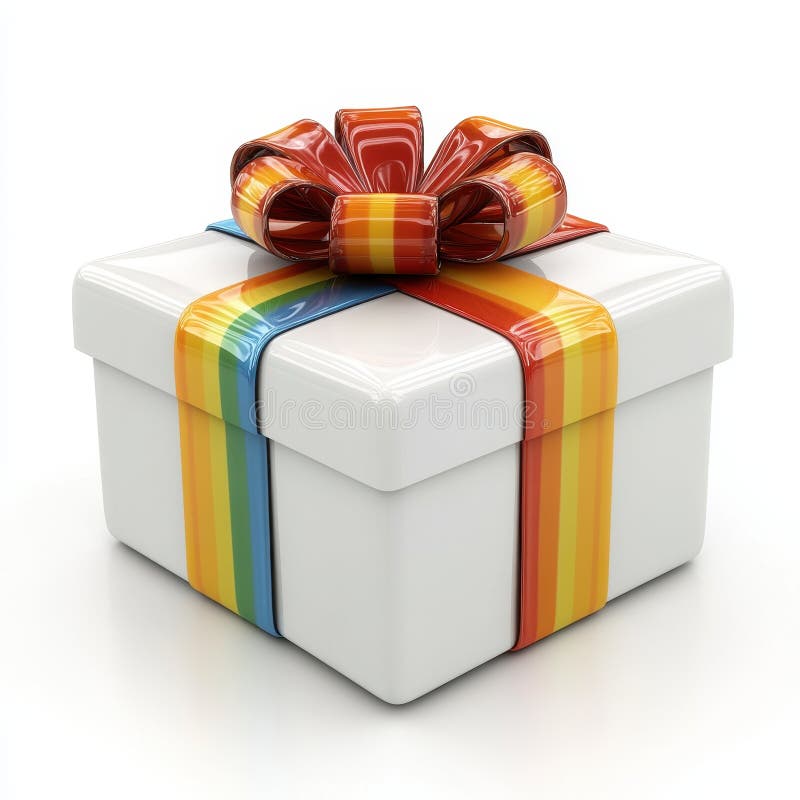 Glossy White Gift Box with Rainbow Ribbon and Bow Stock Photo - Image ...