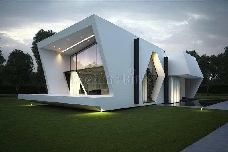 Glossy White Modern Villa with LED Accent Lighting at Sunrise. Stock ...