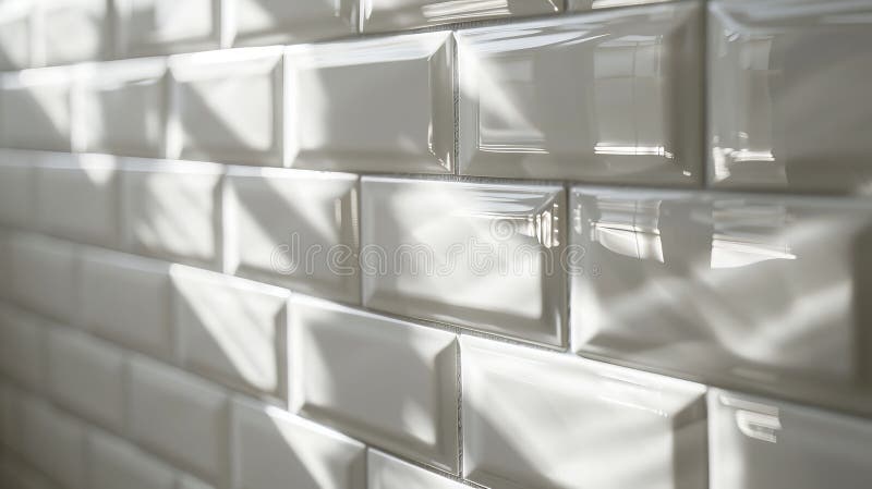 Glossy White Subway Tiles with Reflections, Close-up. Modern Interior ...