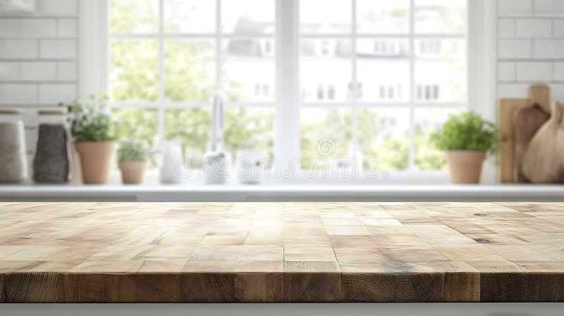 Glossy Wood Table Surface with Soft Blurred Kitchen Details Stock Image ...