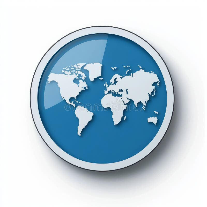 Glossy World Map Button on White, Global, Planet Stock Illustration ...