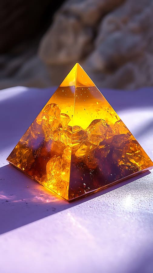 Glossy Yellow Pyramid Resting on a Light Purple Surface Stock ...