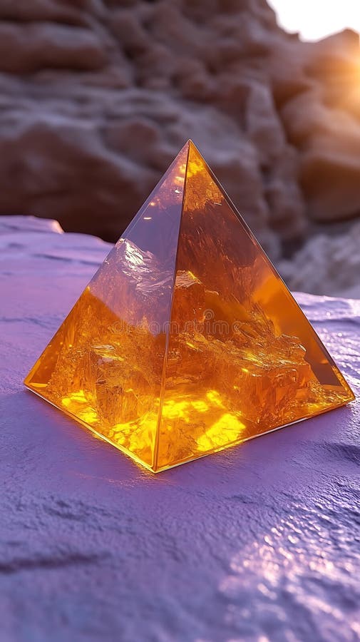 Glossy Yellow Pyramid Resting on a Light Purple Surface Stock ...