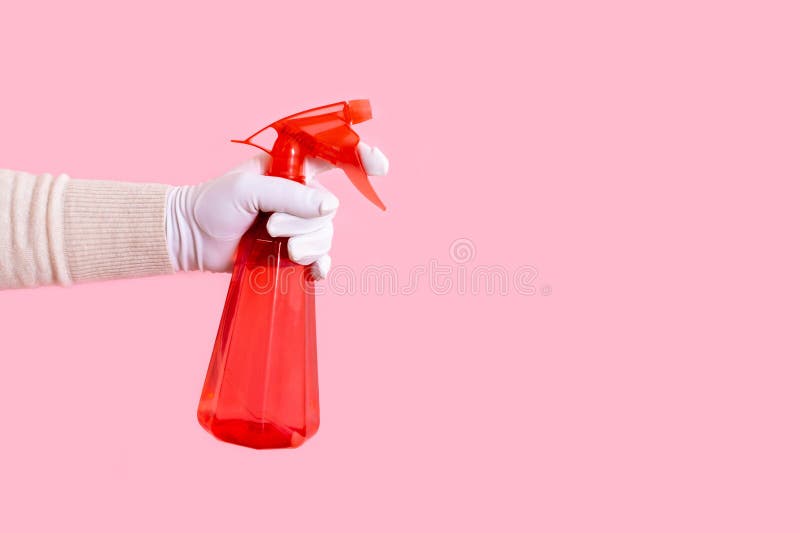 Glove Hand Pink Background Spray Dispenser One Red Clean Copy Space