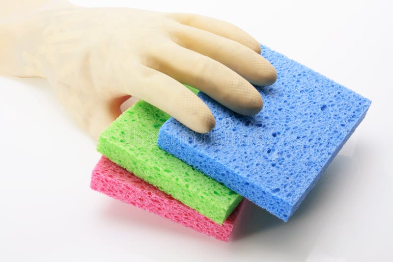Rubber Glove with Sponge and Cleaning Detergent Stock Photo - Image of ...