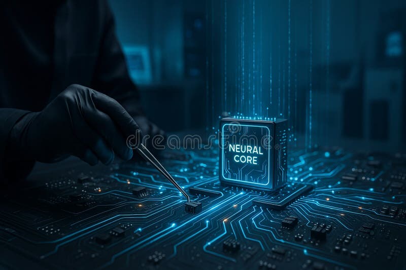 Gloved Hand Adjusting Microchip on Futuristic Circuit Board with Glowing Digital Neural Core ...