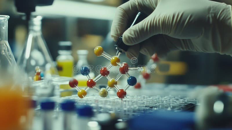 Gloved Hand Adjusting Molecular Model in Laboratory Setting Stock Image ...