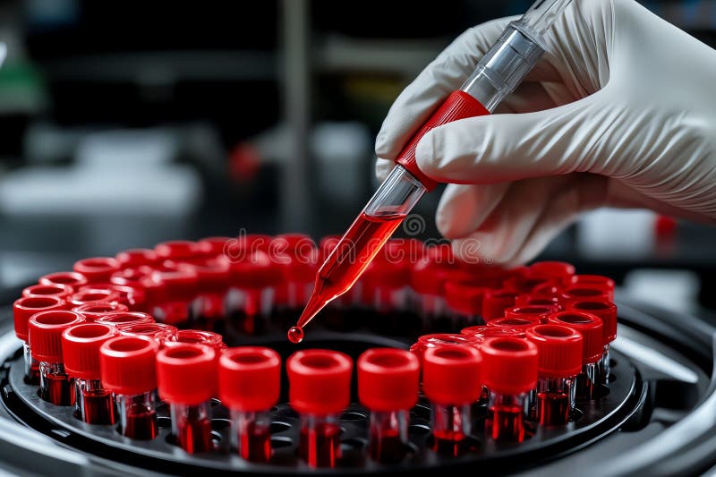 A Gloved Hand Carefully Drips Red Liquid from a Pipette into a Row of ...