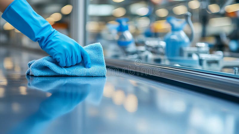 Gloved Hand Cleaning Glass Surface with Blue Cloth in Industrial ...
