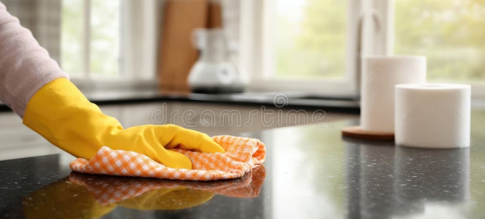 The Gloved Hand Cleaning a Kitchen Countertop with a Cloth AI Generated ...