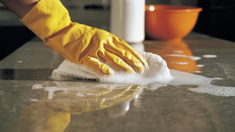 Gloved Hand Cleaning Kitchen Surface with Soap and Cloth Stock Photo ...