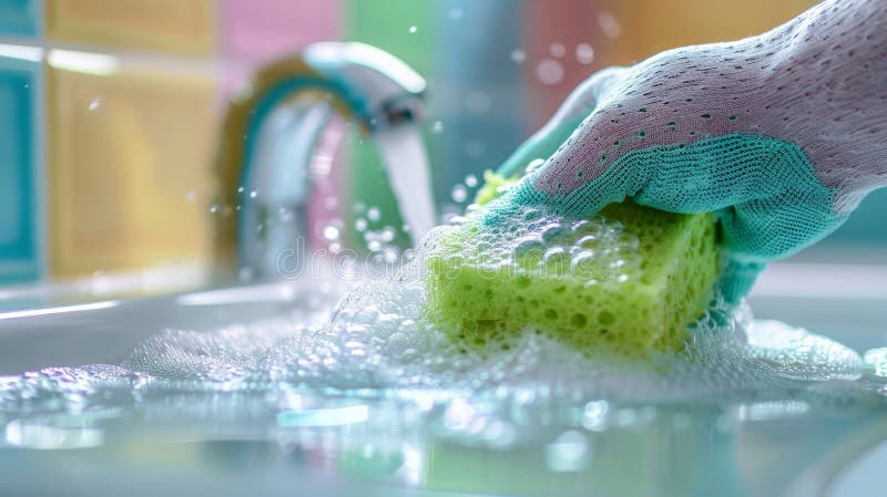 Gloved Hand Cleaning Sink Sponge Soapy Bubbles Stock Photos - Free ...
