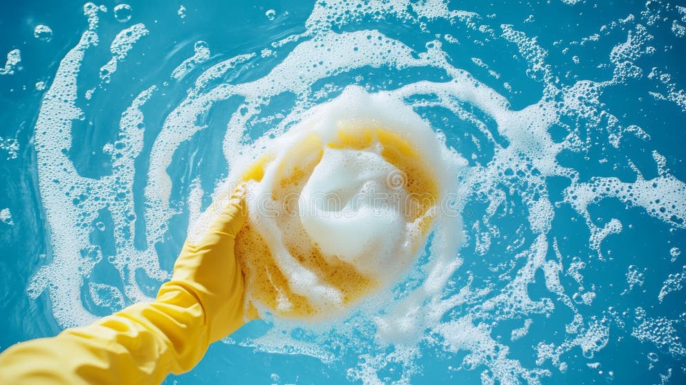 Gloved Hand Cleaning with Soapy Sponge on Blue Surface Stock Photo ...
