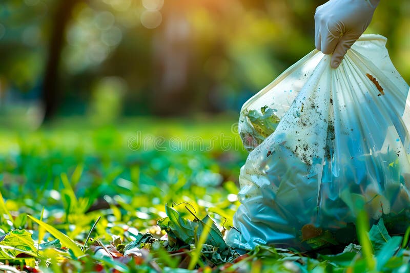 Gloved Hand Collects Garbage in Plastic Bag in Park. Environmental ...