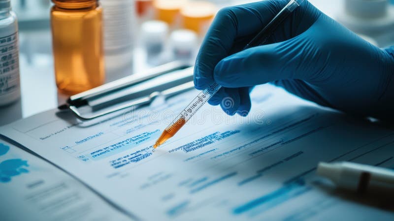 A Gloved Hand Draws Medication from a Vial Onto a Form, Indicating a ...