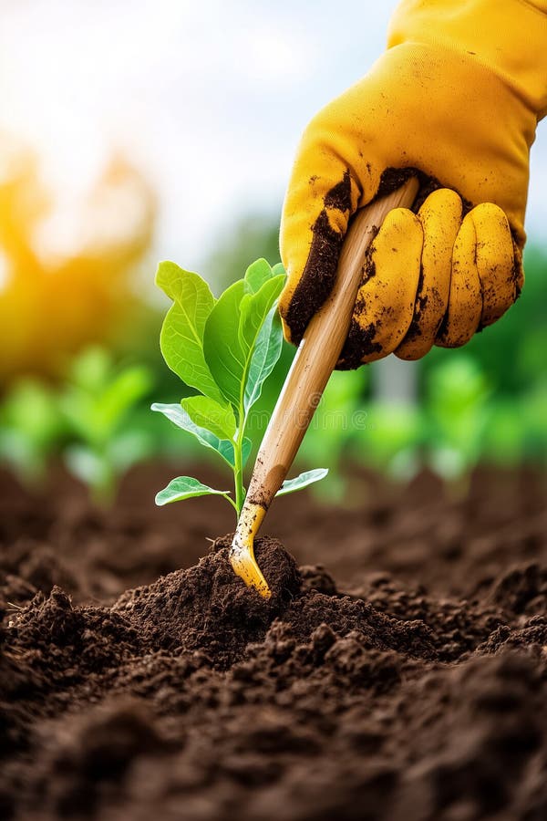 A Gloved Hand Engages in the Careful Process of Tilling the Earth Using ...