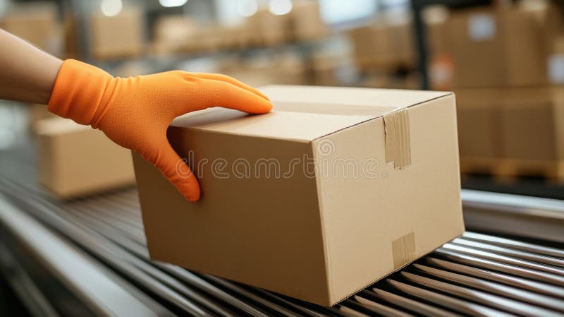 Gloved Hand Handling Package on Conveyor Belt for Shipping Efficiency ...