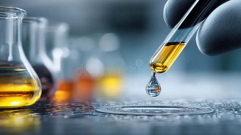 Gloved Hand Holding a Drop of Oil Over a Laboratory Surface during a ...
