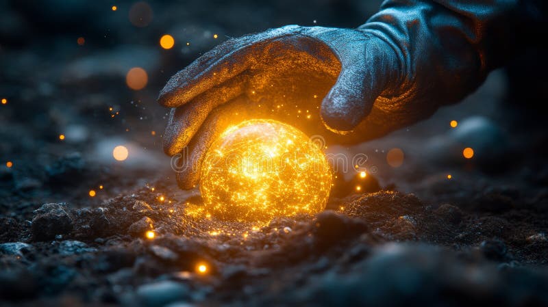 Gloved Hand Holding Glowing Orb on Dark Soil, Mystical and Magical ...