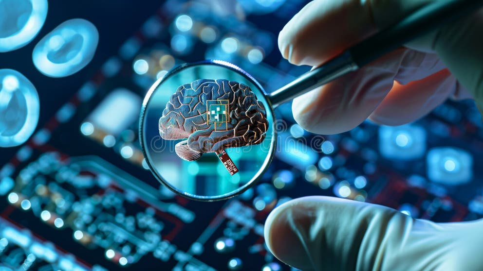 Gloved Hand Holding Magnifying Glass Examining a Microchip Implanted in ...