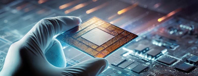 Gloved Hand Holding a Microprocessor Chip Over a Circuit Board. Silicon ...