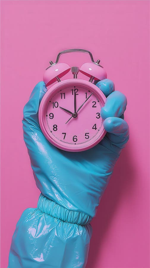Gloved Hand Holding Pink Alarm Clock Against Background Stock Photos ...