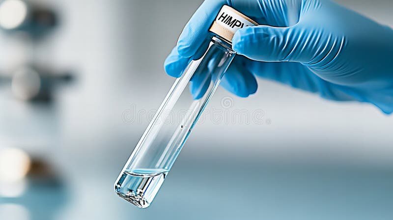 Gloved Hand Holding Test Tube with Clear Liquid in Laboratory Setting ...