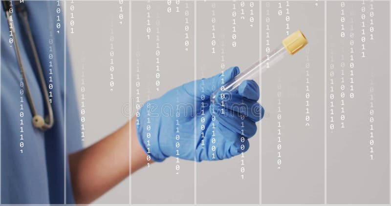 Gloved Hand Holding Test Tube Over Binary Code Image Stock Photo ...