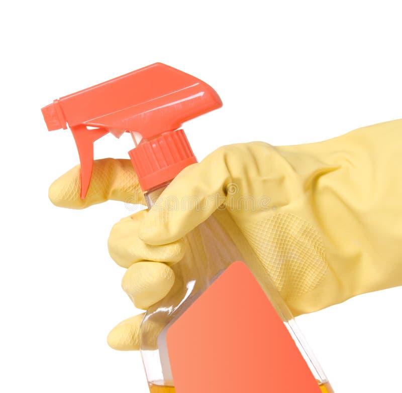 Gloved Hand Holding Trigger Spray Bottle Stock Image - Image of yellow ...