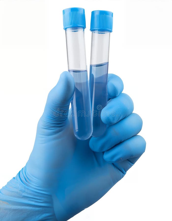 Gloved Hand Holding Two Test Tubes with Blue Liquid Stock Illustration ...