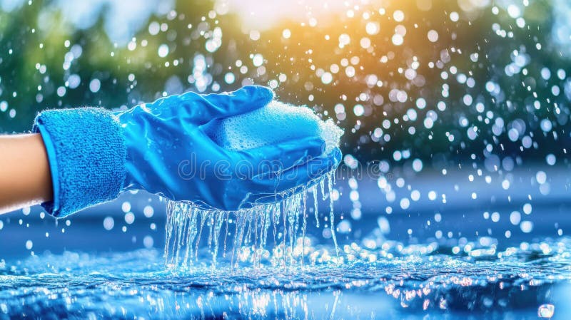 Gloved Hand Holding Wet Sponge with Water Splashing Outdoors in ...