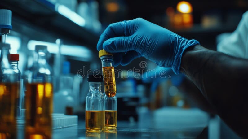 Gloved Hand Holding Yellow Liquid Sample in Laboratory Stock ...