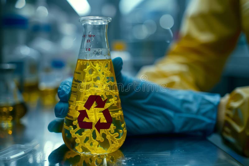 A Gloved Hand Holds a Flask of Liquid with the Recycling Symbol in a ... A Gloved Hand Holds a Flask of Liquid with the Recycling Symbol in a ...