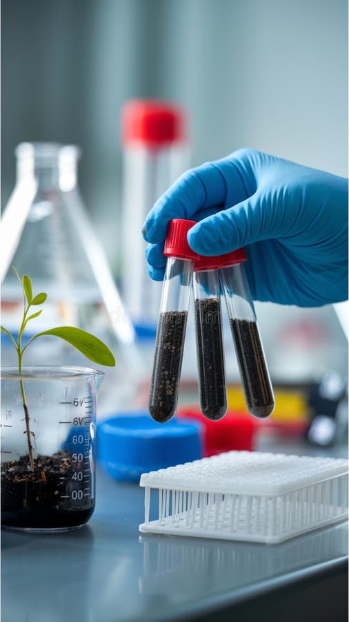 Gloved Hand Holds Three Test Tubes with Soil Samples in a Lab Setting ...