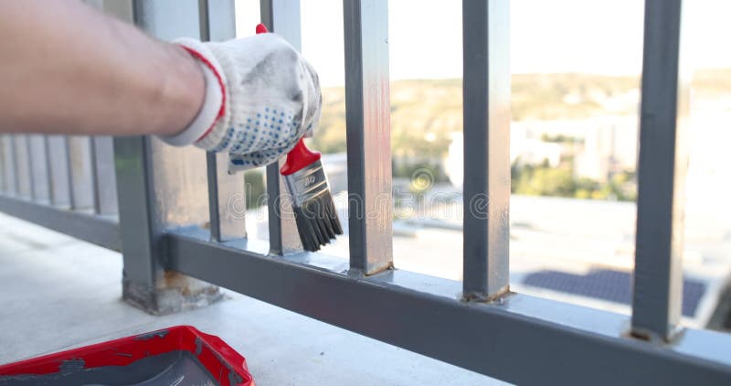 Gloved Hand Paints Metal Railing with Brush Stock Footage - Video of ...