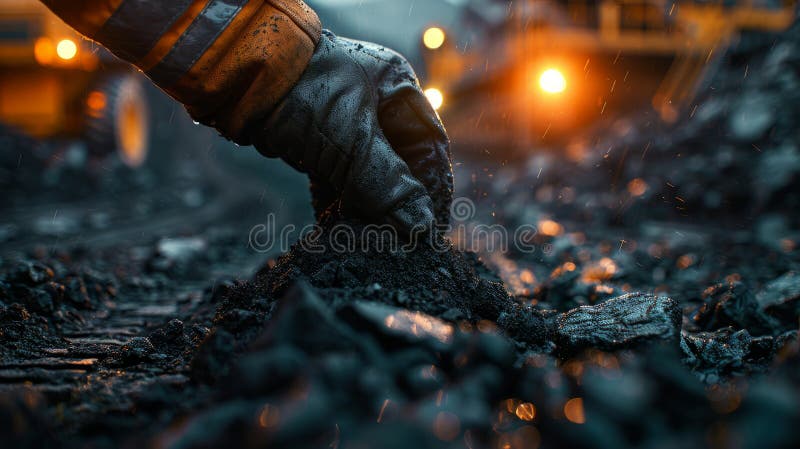 Gloved Hand Picking Up Coal at a Mining Site at Night. Stock Image ...