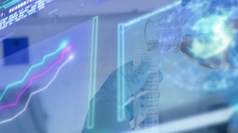 Gloved Hand Pouring Liquid into Beaker Over Scientific Data Graphs ...