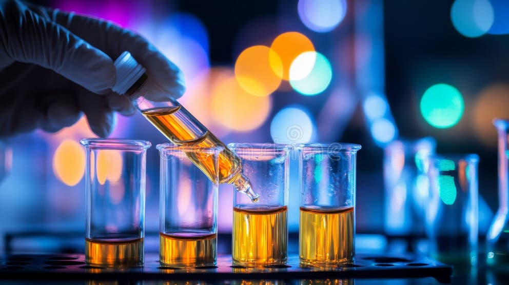 Gloved Hand Pouring Liquid into Laboratory Beakers Stock Illustration ...