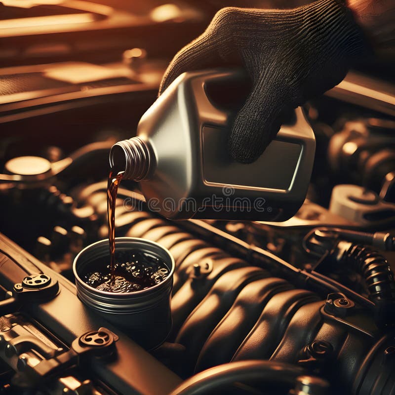 A Gloved Hand Pours Motor Oil from a Container into a Car Engine ...