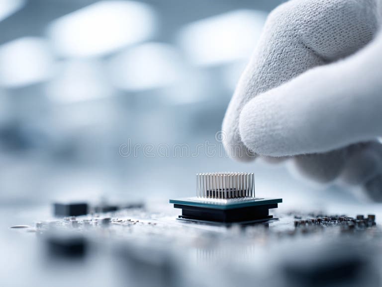 Gloved Hand Precisely Handling a CPU Chip. Concept for Technology ...