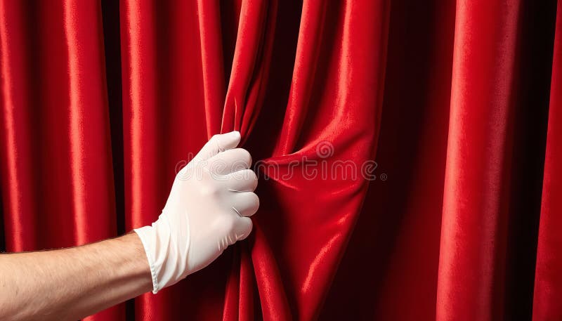 Gloved Hand Pulling a Red Curtain, Symbolizing Theater, Mystery, and ...