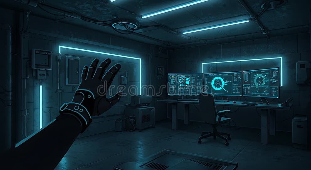 Gloved Hand Reaching in High-tech Control Room with Glowing Monitors ...